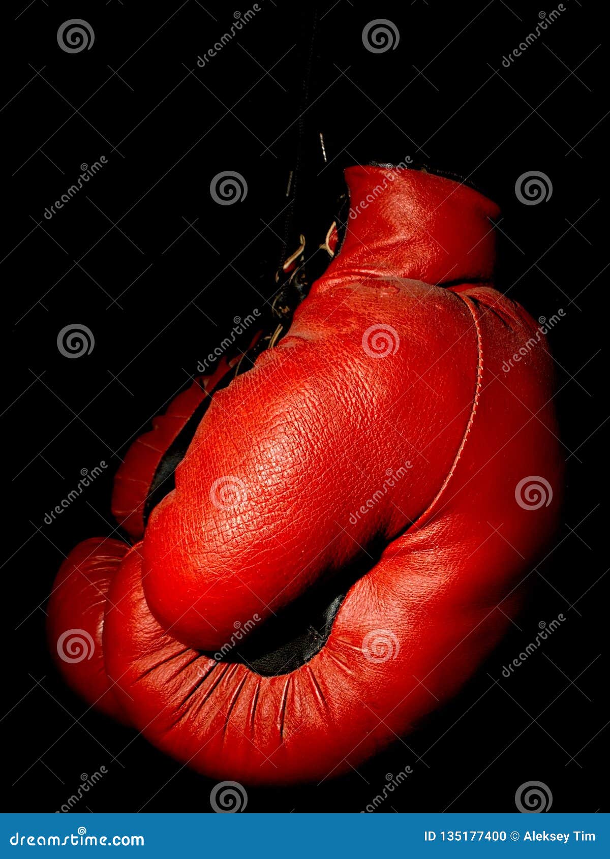 Old Leather Red Boxing Gloves Hanging in the Dark Stock Photo - Image ...