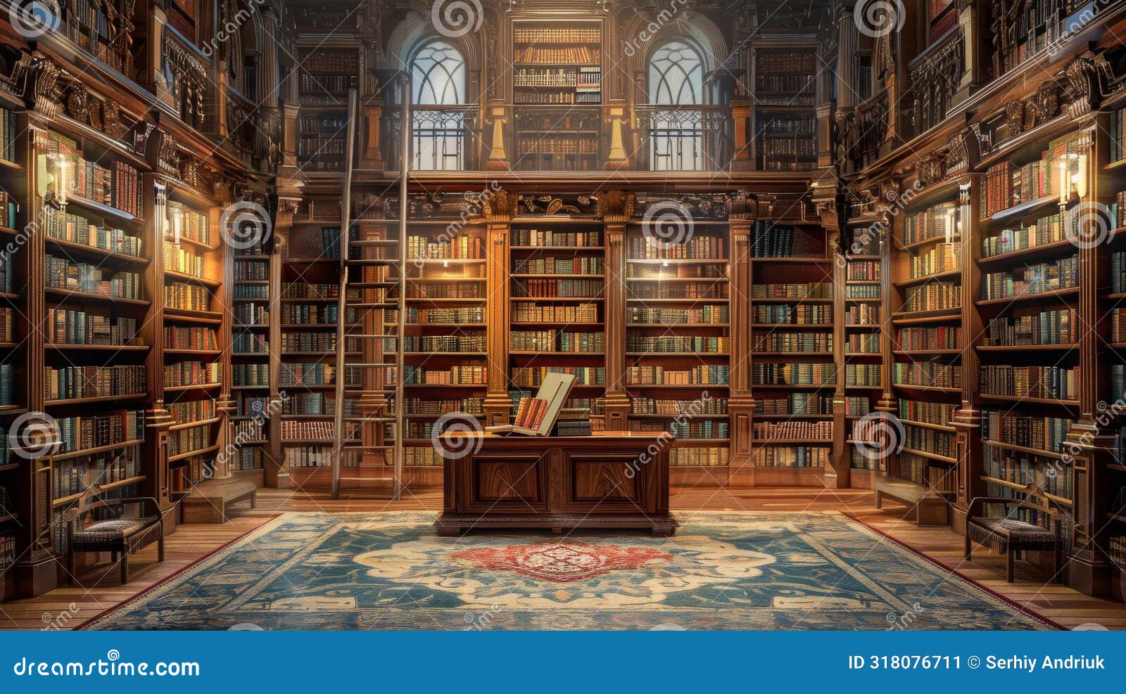 Old Library with Bookshelf and Arched Windows. 3d Rendering Stock ...