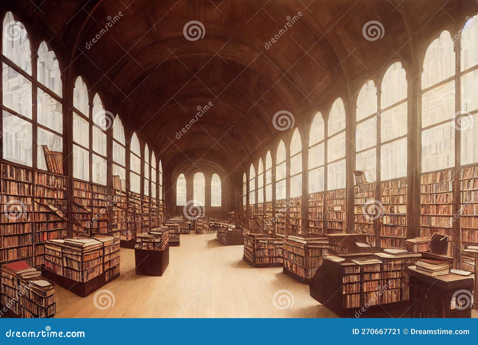 Old Library Hall with Shelves, Books Stacks and Windows Digital ...