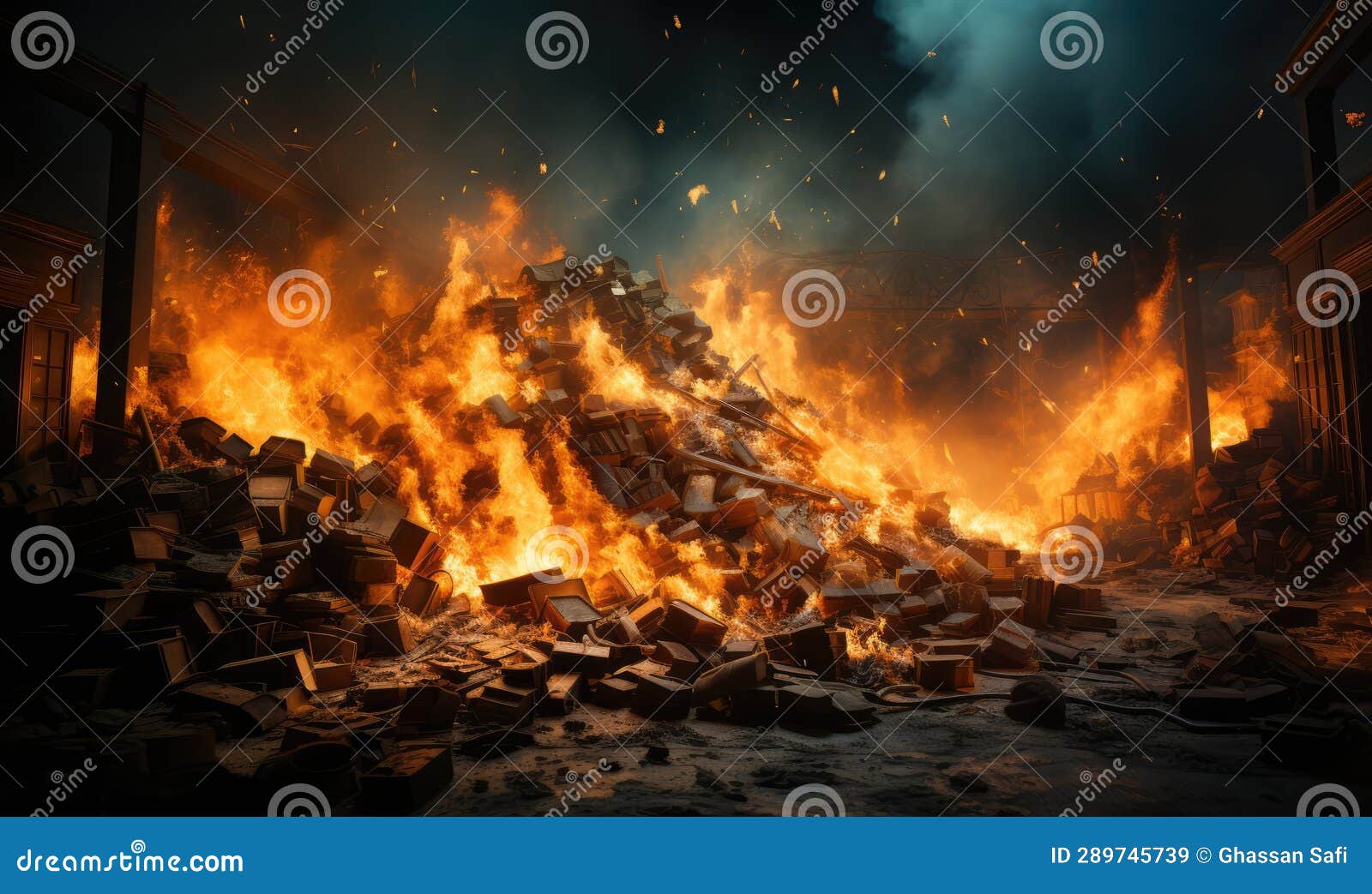 An Old Library, Overwhelmed with Burning Old Books Stock Illustration ...