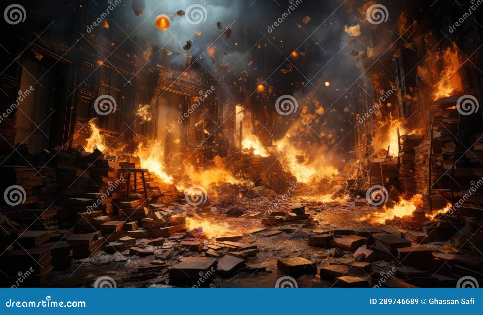 An Old Library, Overwhelmed with Burning Old Books Stock Illustration ...