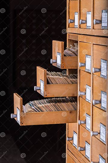 Old Library Reference Catalogue with Opened Card Drawer Stock Photo ...
