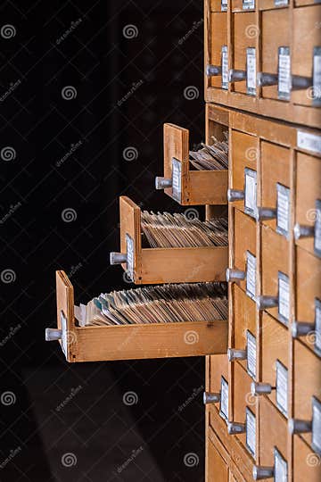 Old Library Reference Catalogue with Opened Card Drawer Stock Photo ...