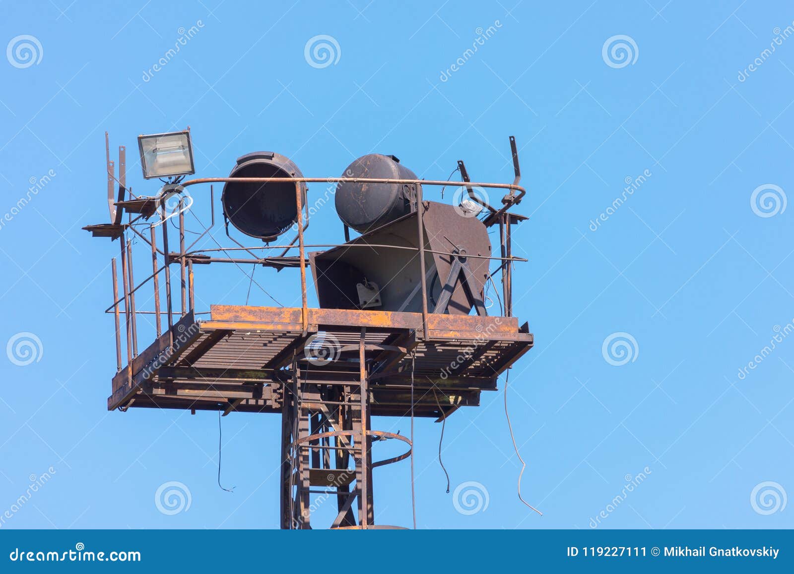 An Old Light Tower with Different Projector and Searchlights Stock ...