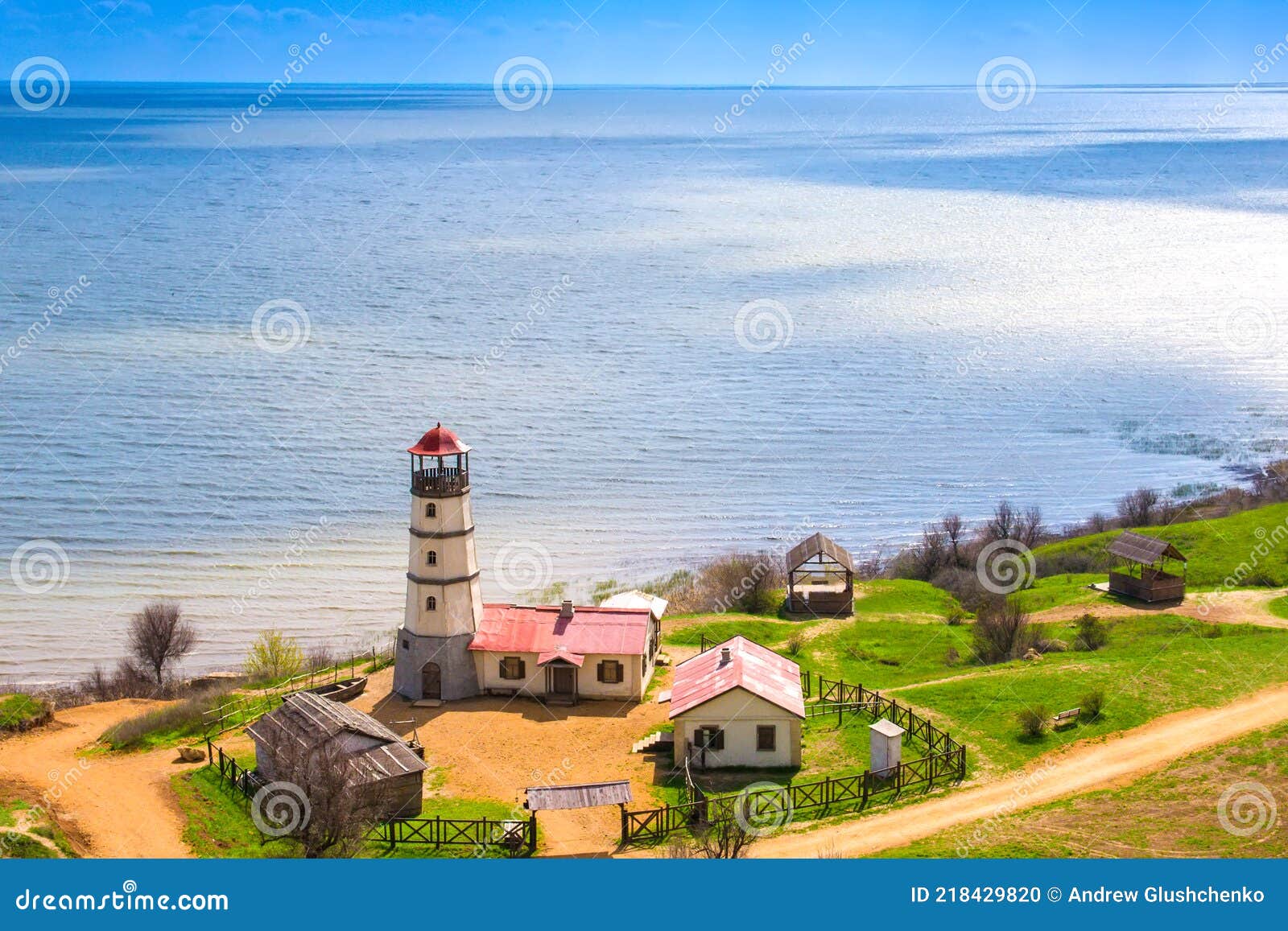 Old Lighthouse on the Beach, Top View. Blue Sea and Lighthouse on the ...