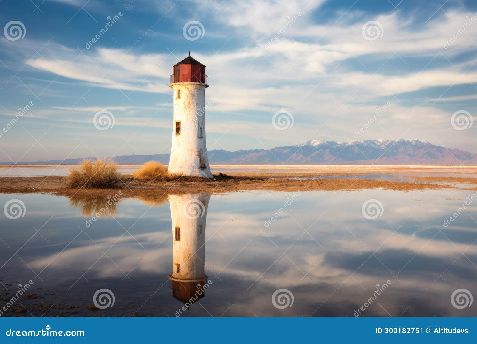 An Old Lighthouse on the Edge of a Salt Lake Reflecting on the Waters ...