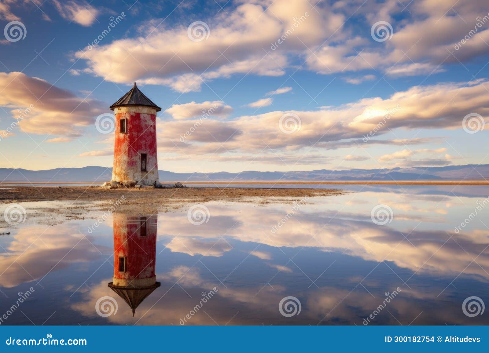 An Old Lighthouse on the Edge of a Salt Lake Reflecting on the Waters ...
