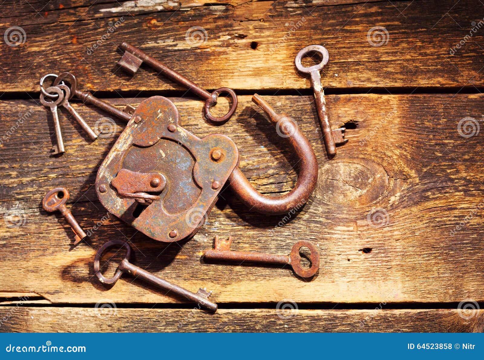 Old Lock and Keys on Wooden Table Stock Photo - Image of metal, still ...