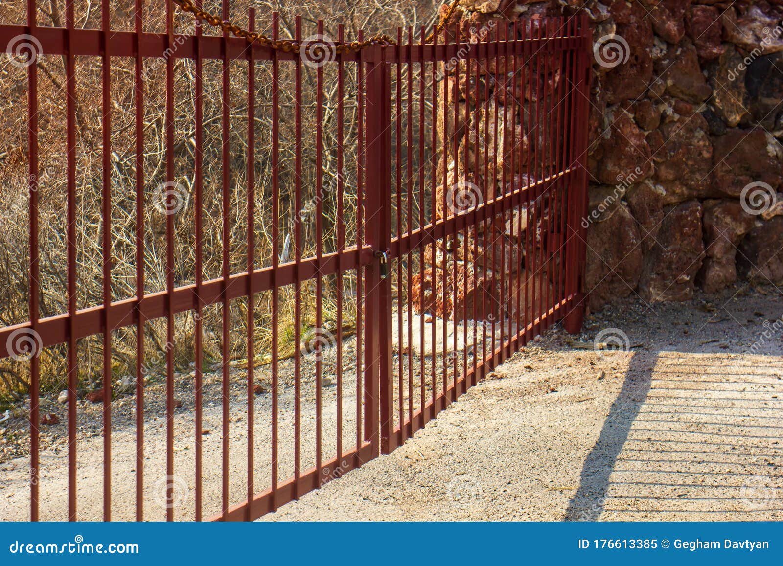 The Old Locked Red Gate with Bars Stock Image - Image of background ...