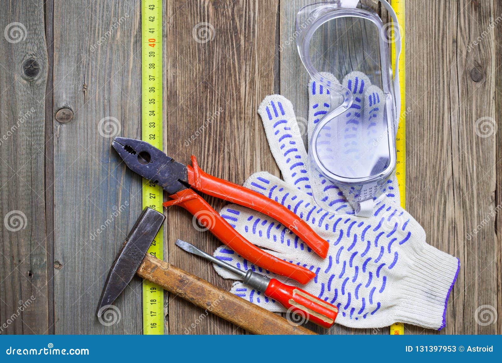 Old Locksmith Tools, Work Gloves, Safety Glasses and Measuring Tape on ...