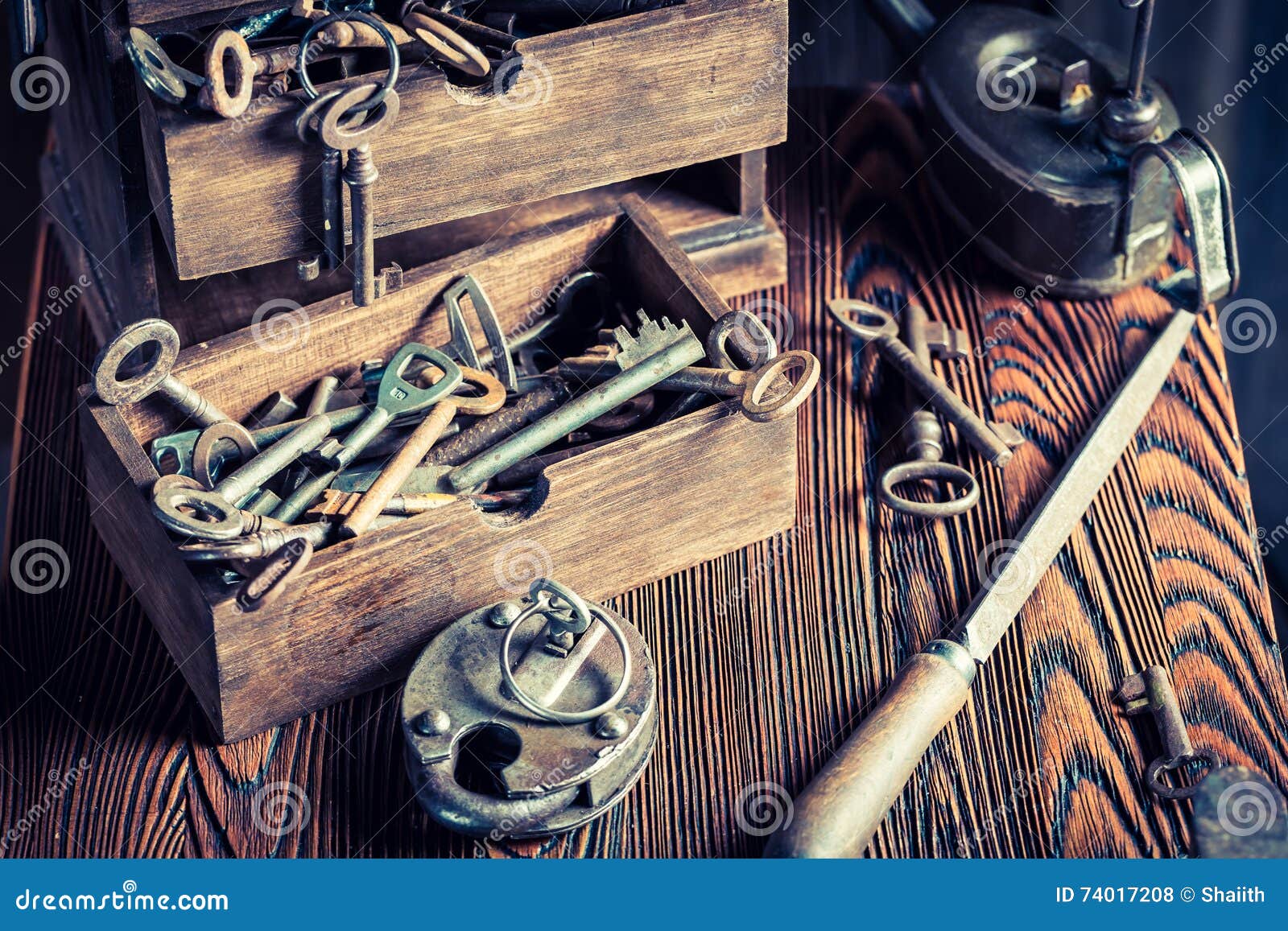 Old Locksmiths Workshop with Tools, Locks and Keys Stock Photo - Image ...