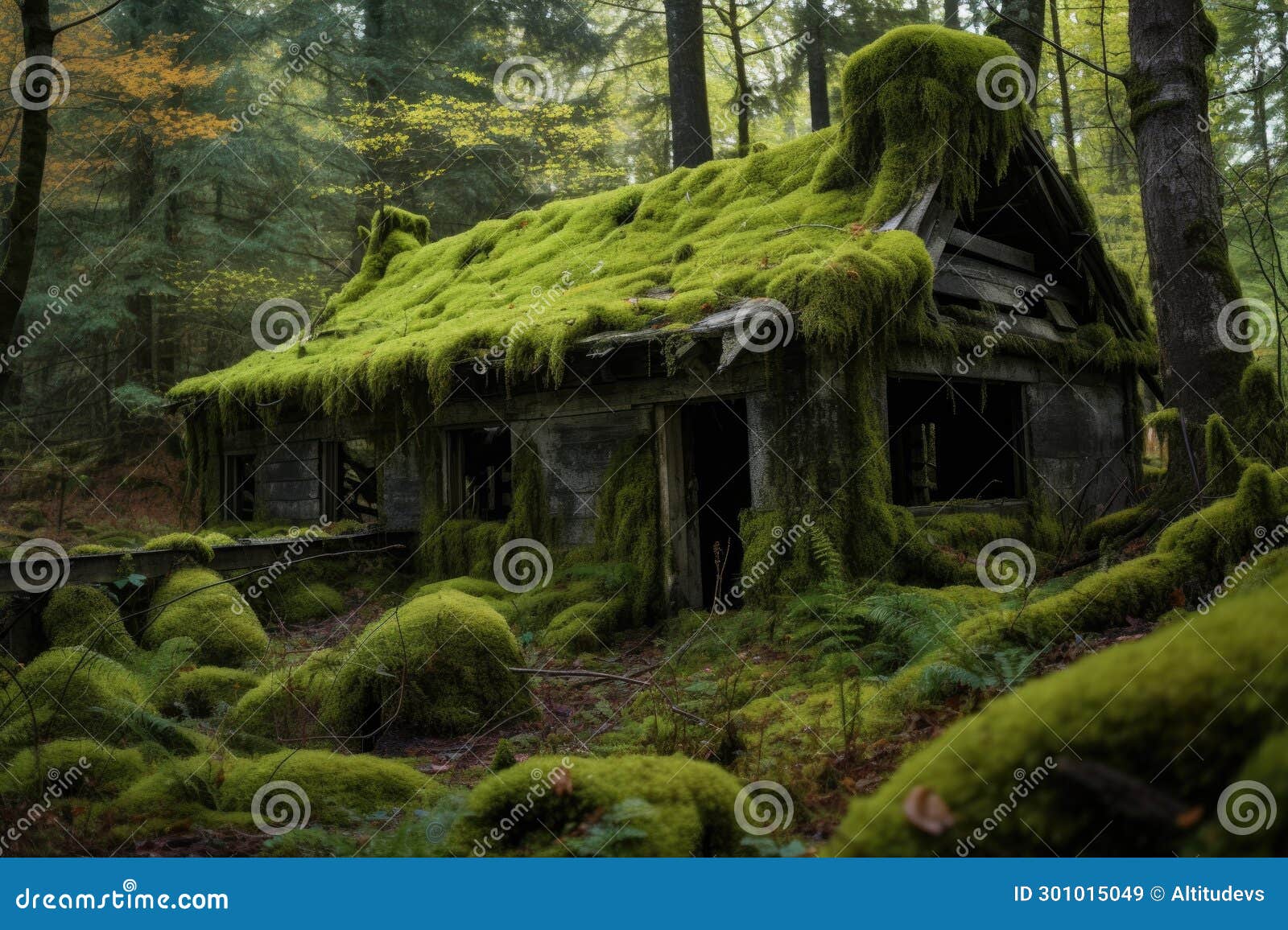 An Old Log Cabin with Moss-covered Roof in a Forest Clearing Stock ...