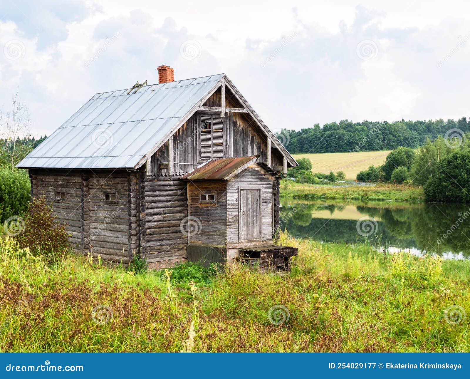 Old Log Cabin Near River on Summer Day Stock Image - Image of riverbank ...