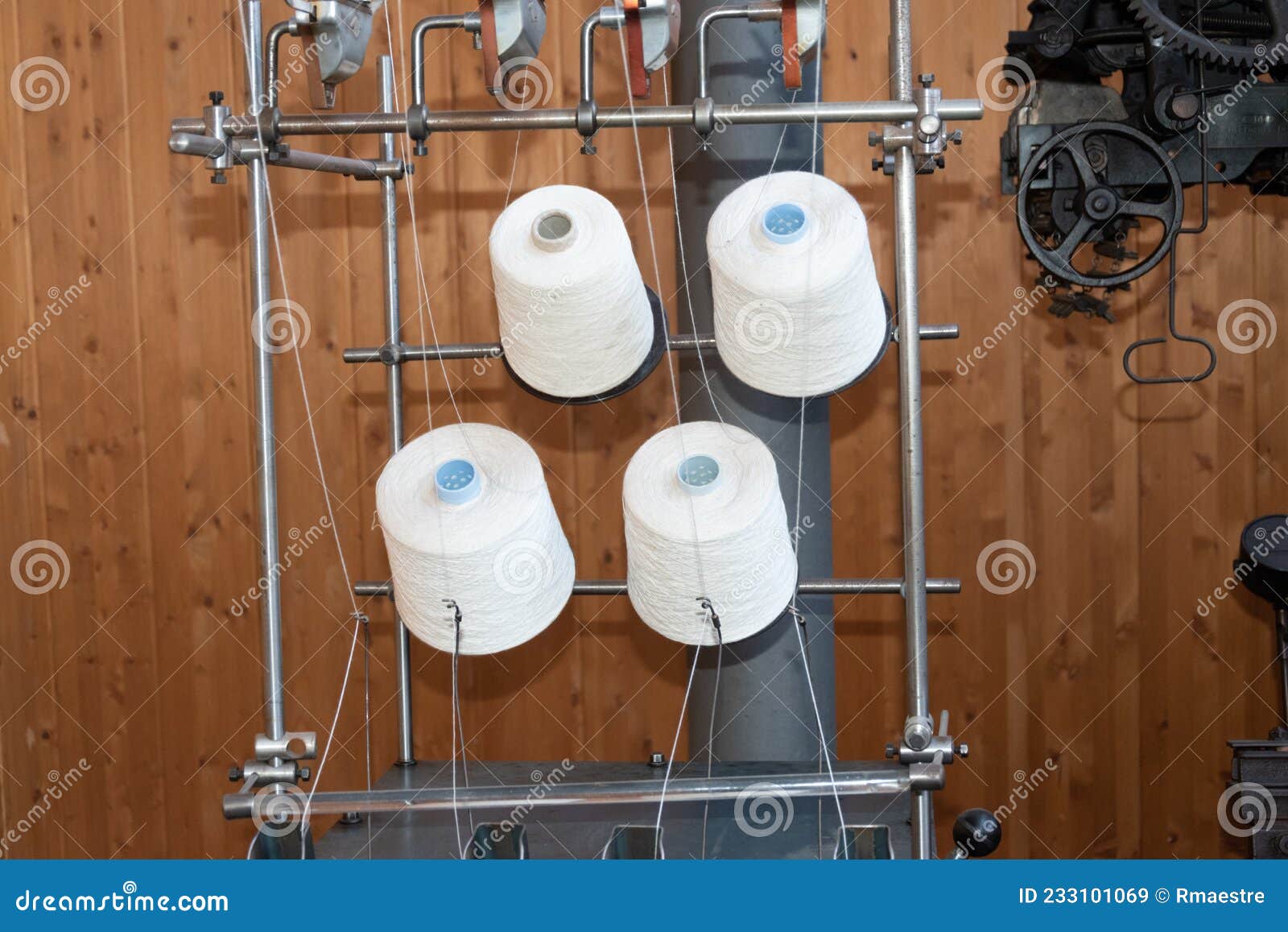 Old Loom, Spinning Machine, Rows Of White And Colored Cotton Threads ...