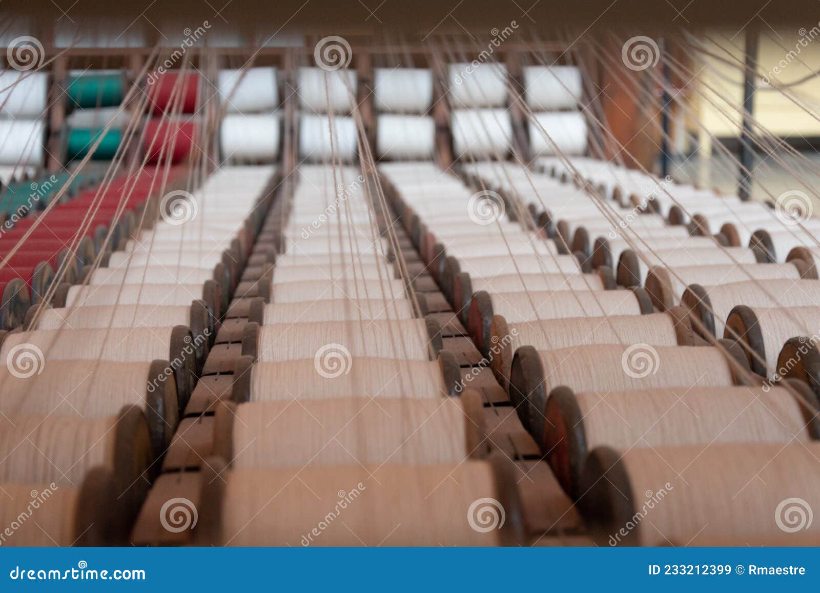 Old Loom, Spinning Machine, Rows of White and Colored Cotton Threads ...