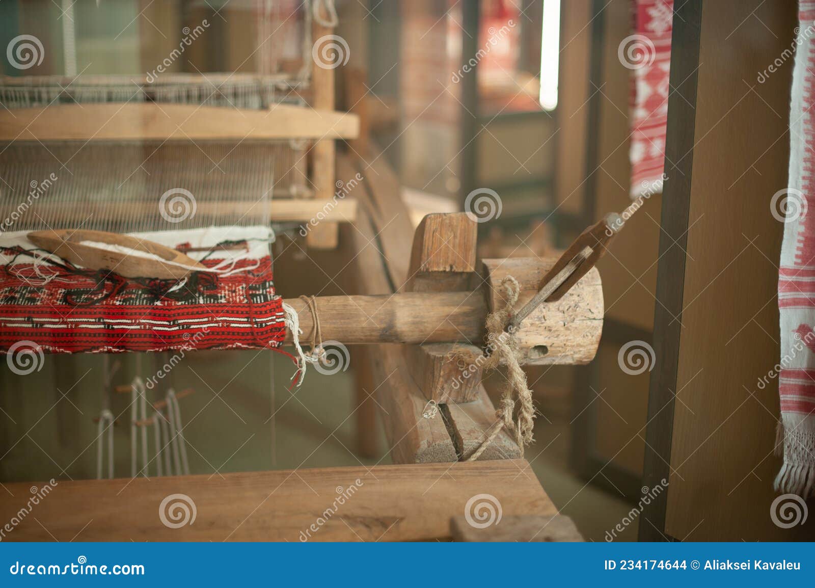 Old Loom, Spinning Machine, Rows of White and Colored Cotton Threads ...