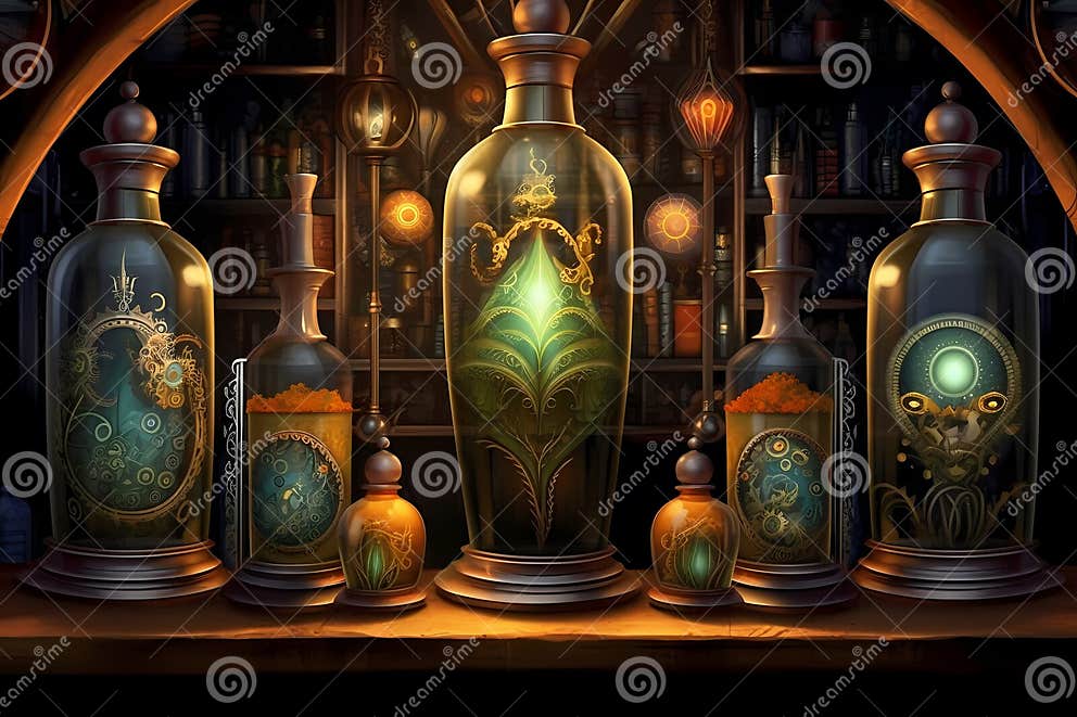 Old Magic Potion Bottle in the Laboratory Stock Illustration ...