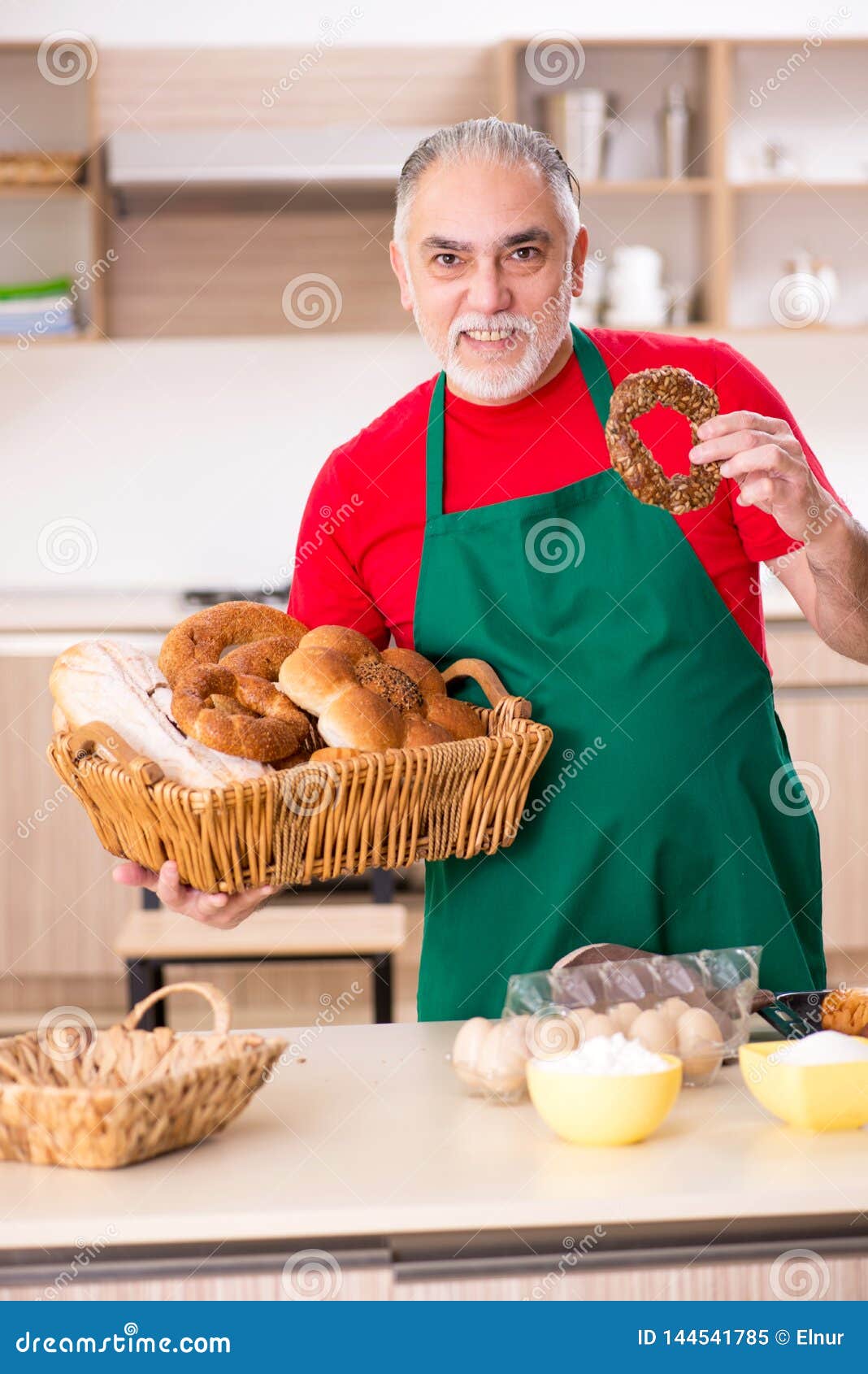 The Old Male Baker Working in the Kitchen Stock Image - Image of ...