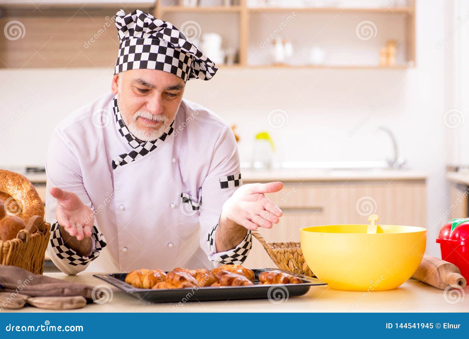 The Old Male Baker Working in the Kitchen Stock Image - Image of happy ...