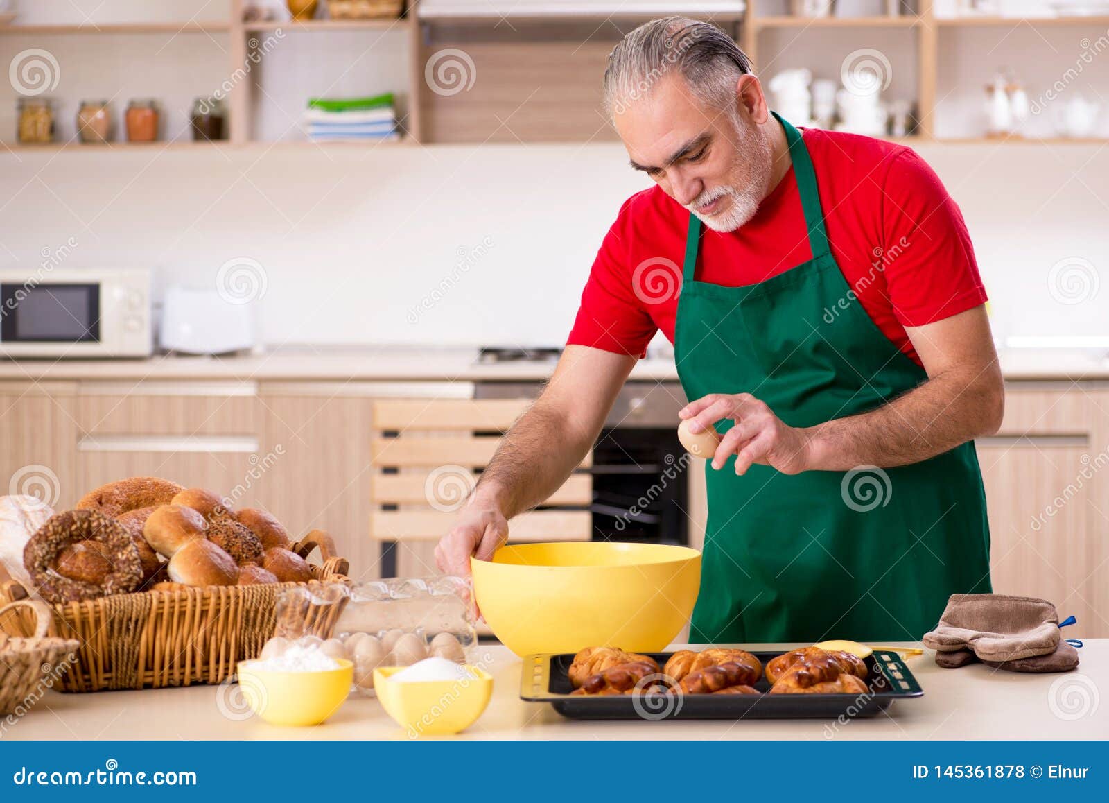 The Old Male Baker Working in the Kitchen Stock Photo - Image of home ...