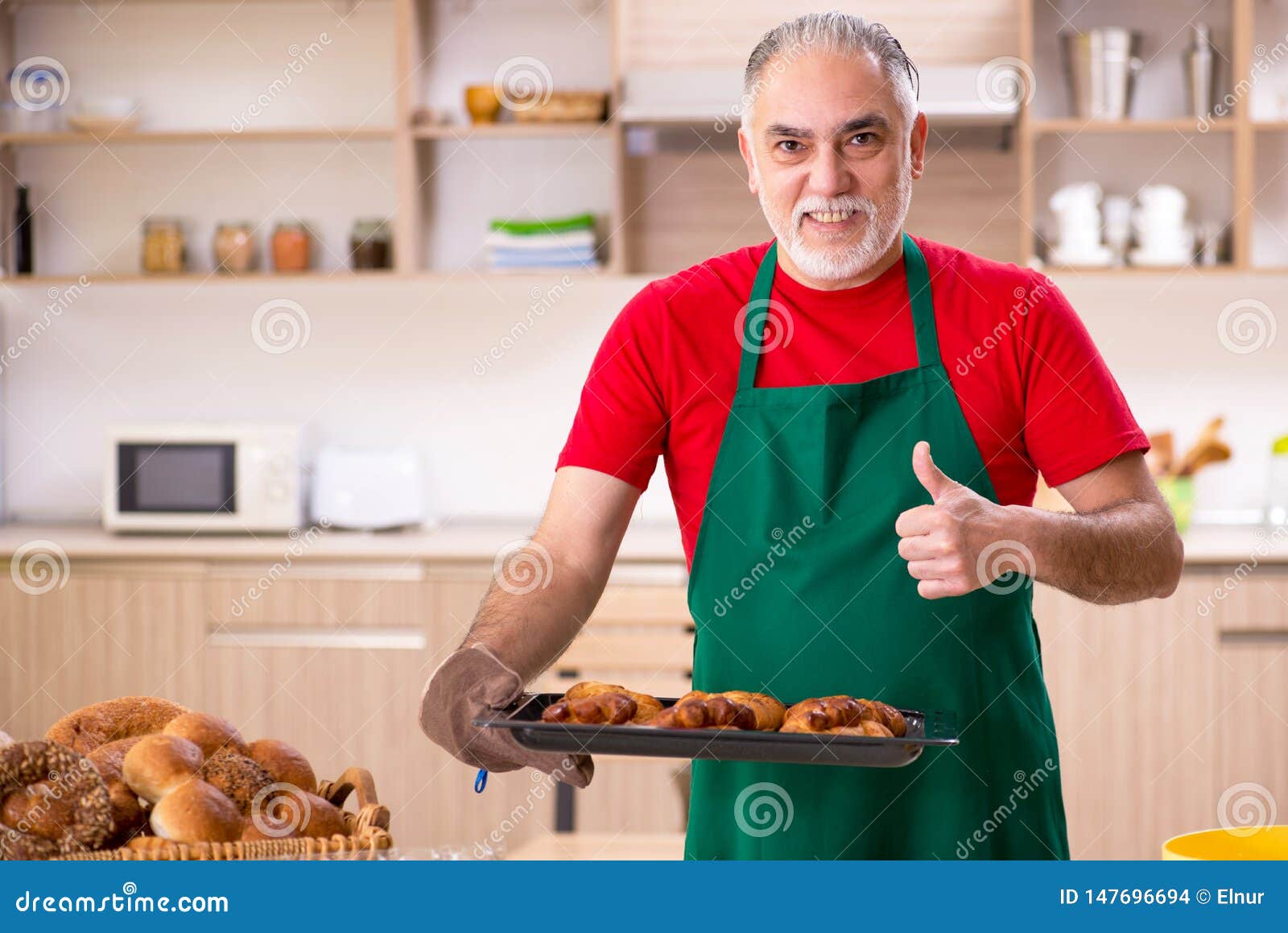 The Old Male Baker Working in the Kitchen Stock Photo - Image of flour ...