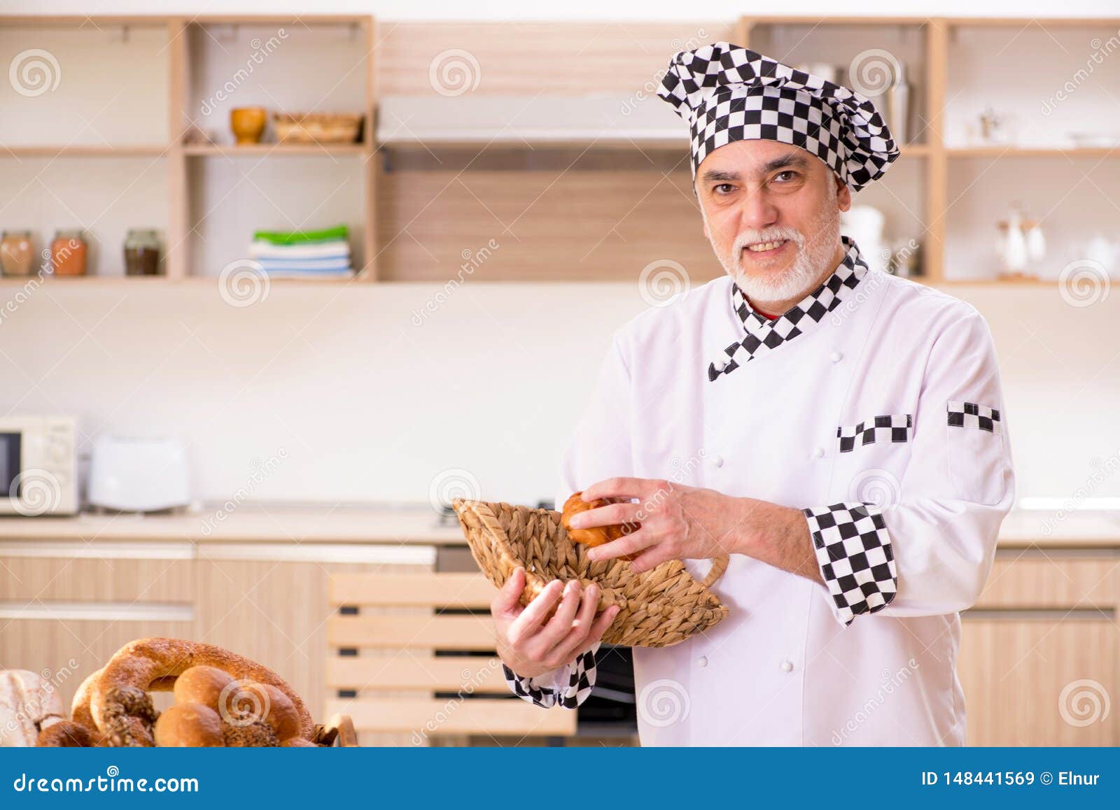 The Old Male Baker Working in the Kitchen Stock Image - Image of ...