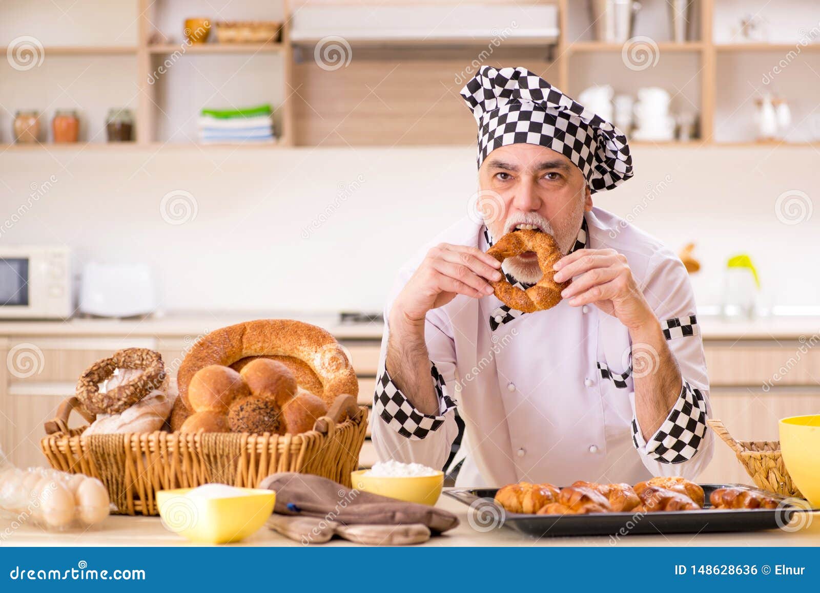 Old Male Baker Working in the Kitchen Stock Photo - Image of culinary ...