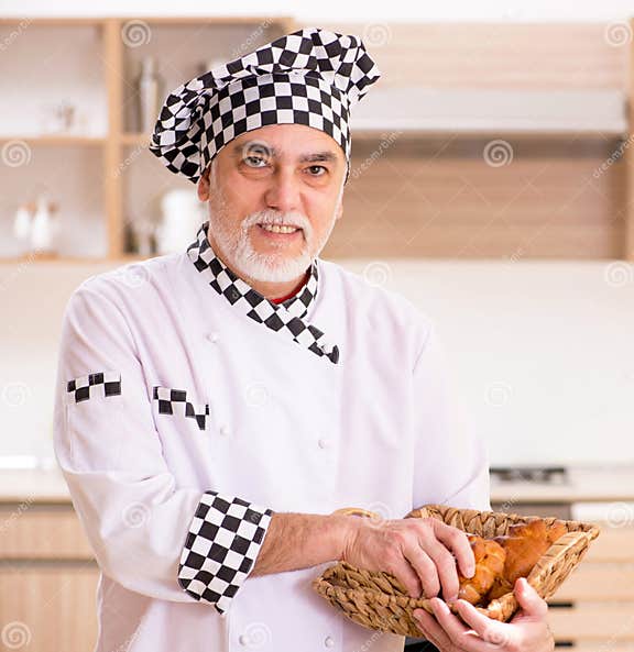 Old Male Baker Working in the Kitchen Stock Image - Image of culinary ...