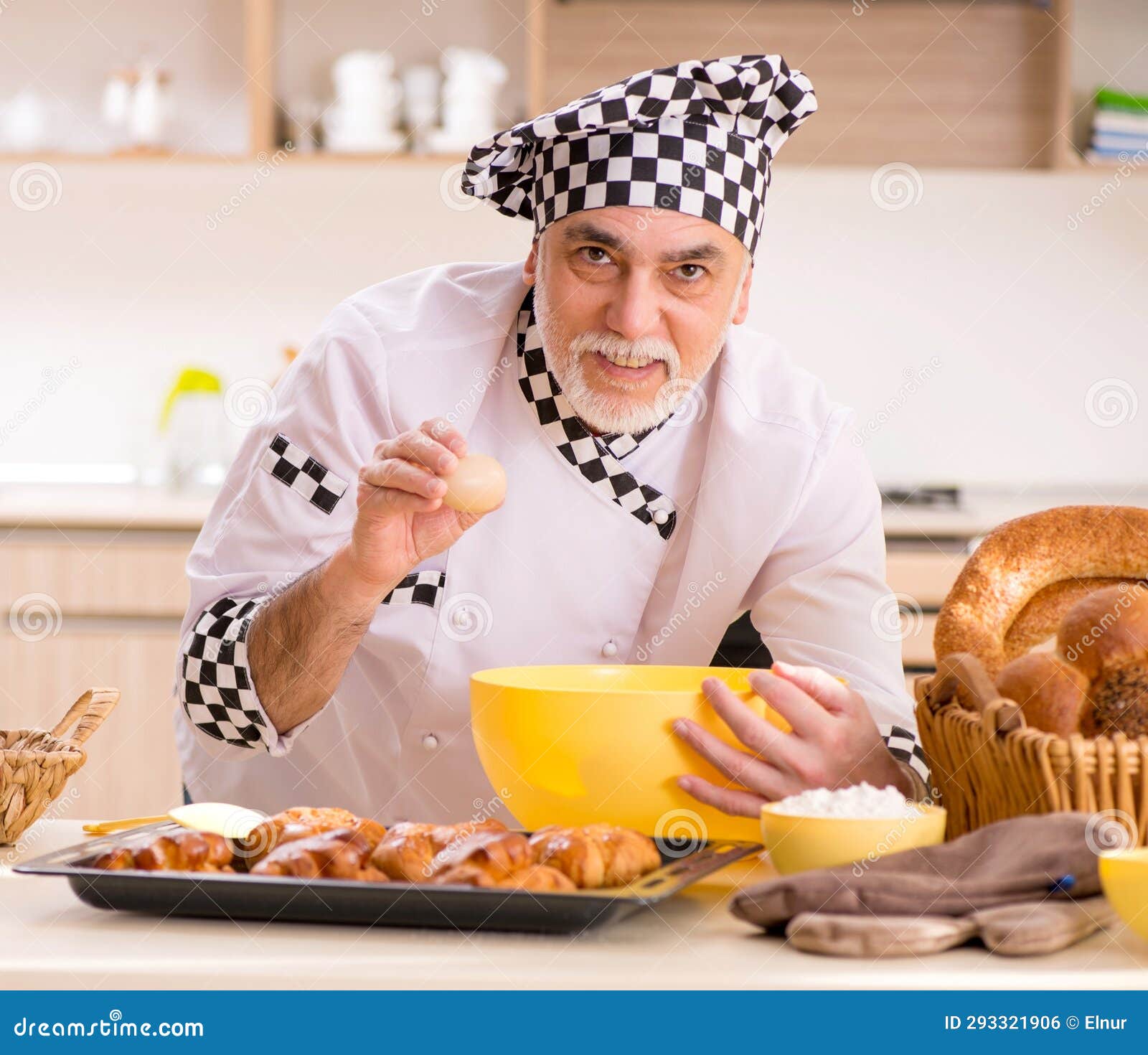 Old Male Baker Working in the Kitchen Stock Photo - Image of ...