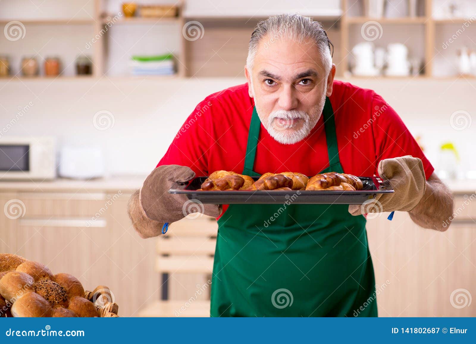 The Old Male Baker Working in the Kitchen Stock Image - Image of ...