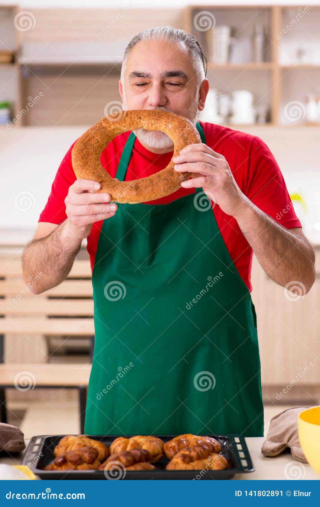 The Old Male Baker Working in the Kitchen Stock Image - Image of making ...