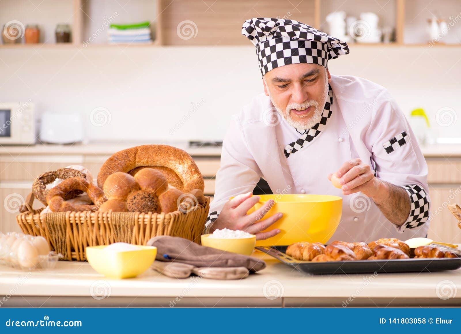 The Old Male Baker Working in the Kitchen Stock Photo - Image of ...