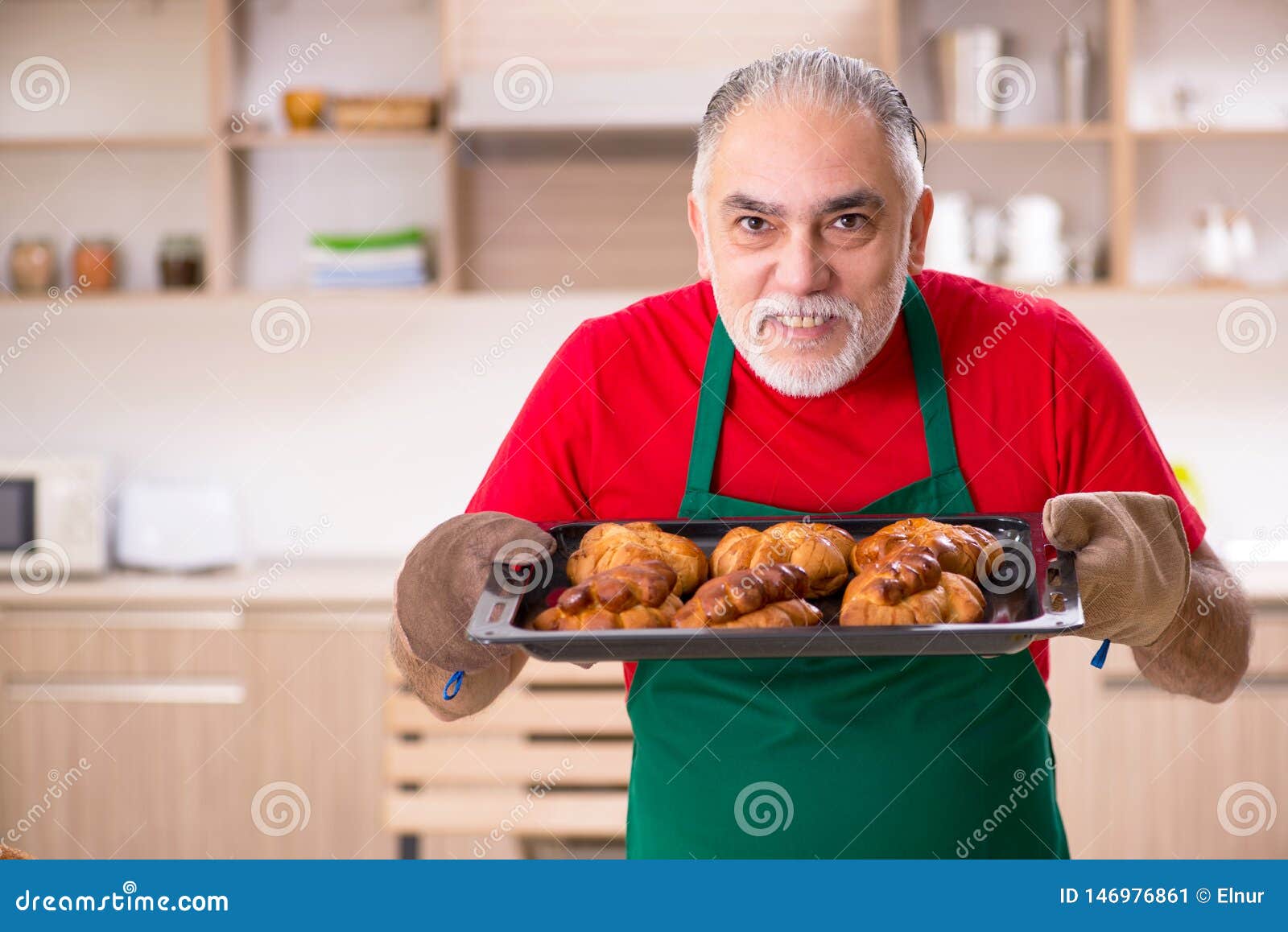 The Old Male Baker Working in the Kitchen Stock Image - Image of ...