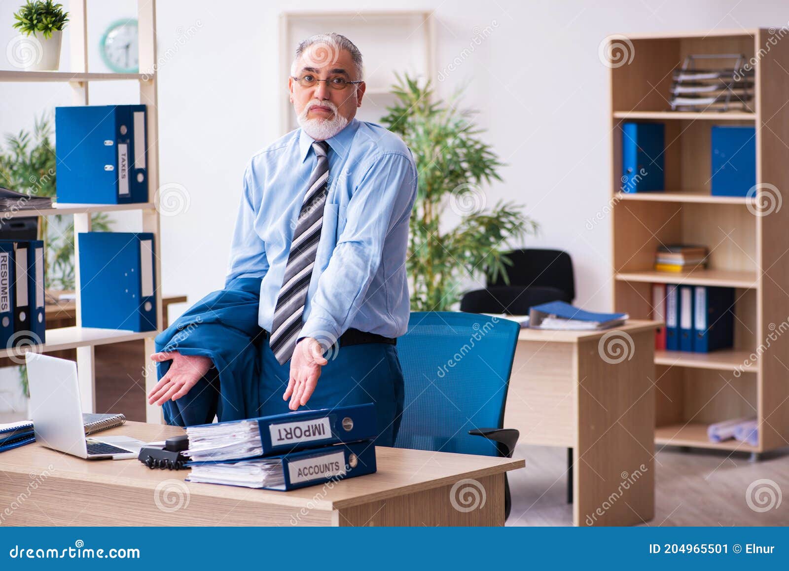 Old Male Bookkeeper Unhappy with Excessive Work at Workplace Stock ...