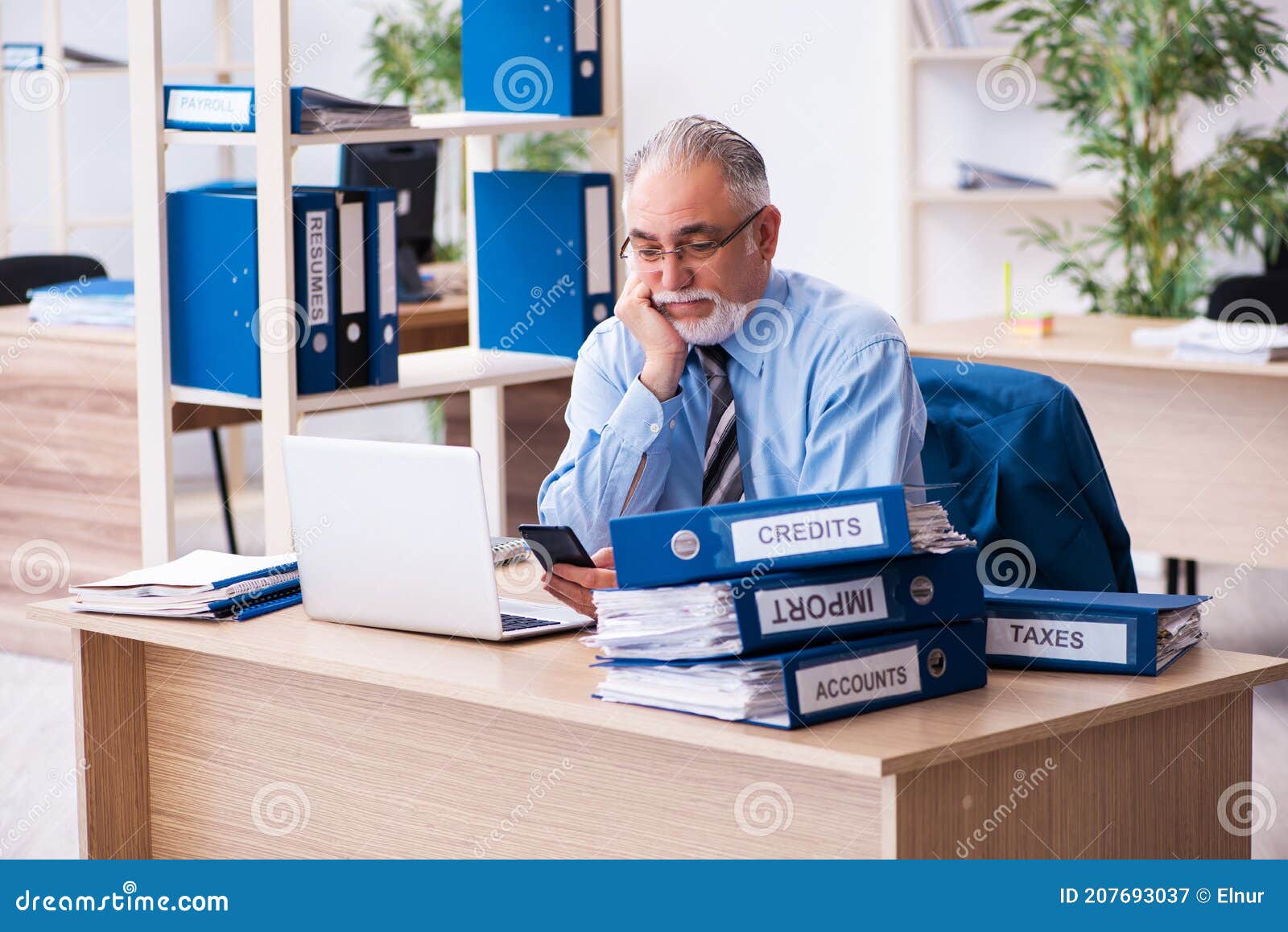 Old Male Bookkeeper Unhappy with Excessive Work at Workplace Stock ...