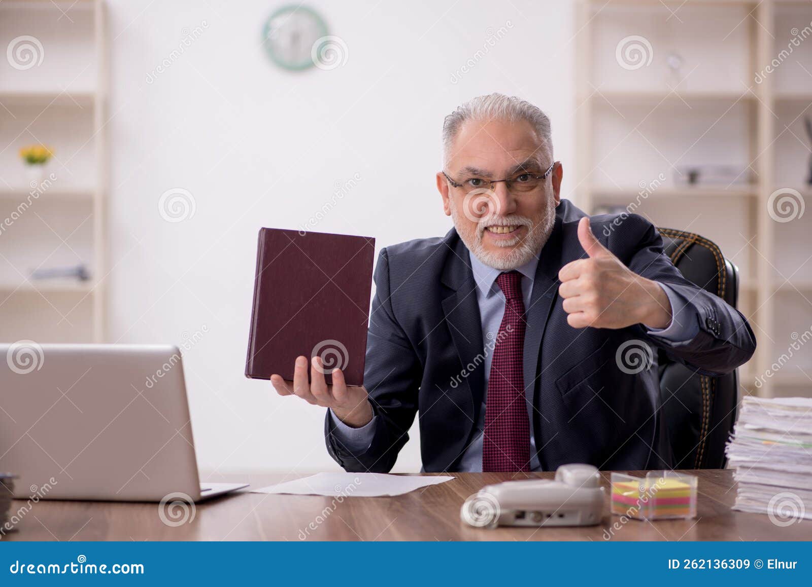 Old Male Boss Reading Book at Workplace Stock Image - Image of study ...