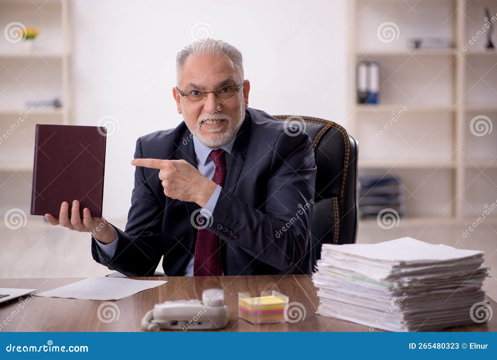 Old Male Boss Reading Book at Workplace Stock Image - Image of holding ...