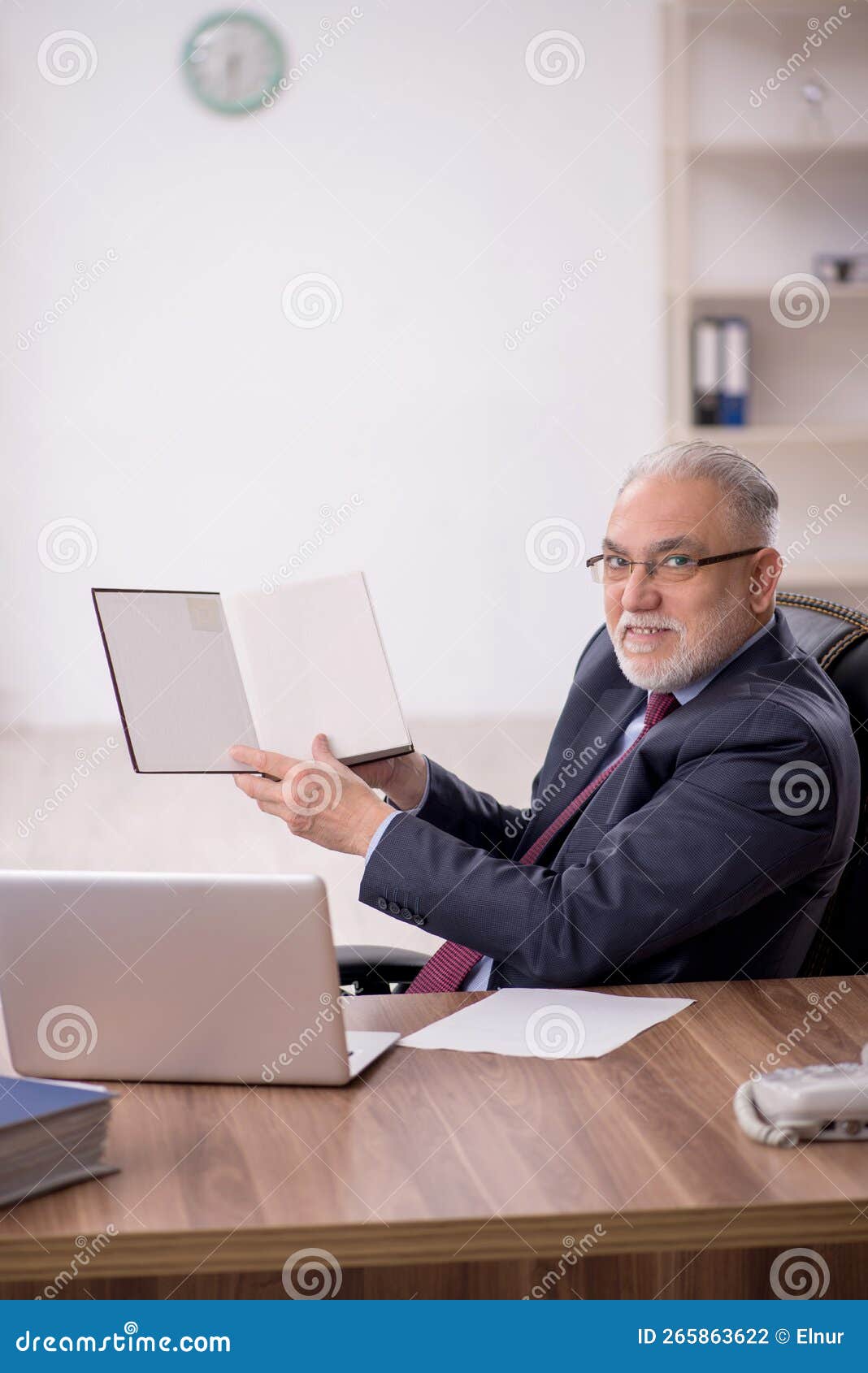 Old Male Boss Reading Book at Workplace Stock Photo - Image of deadline ...