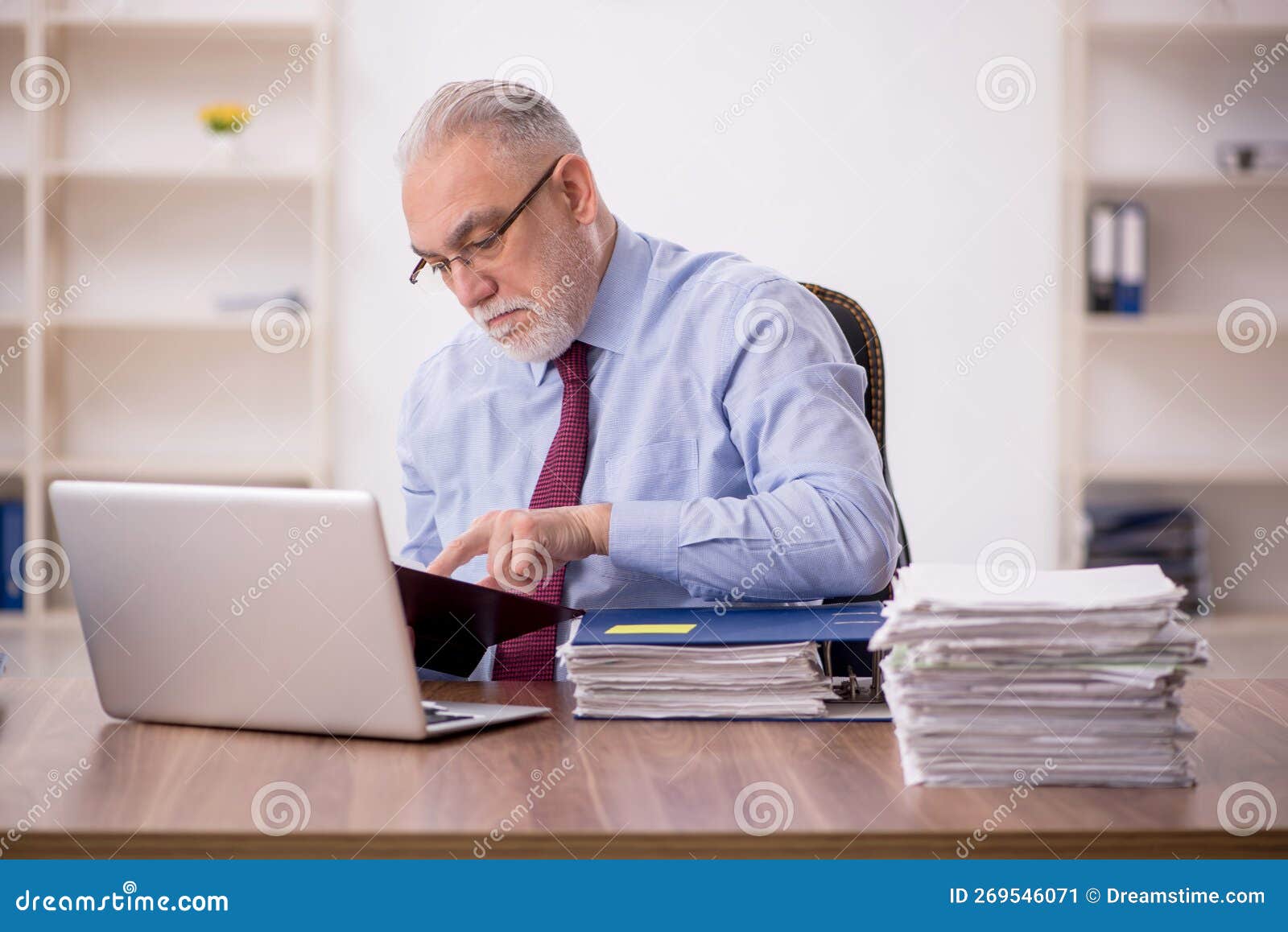 Old Male Boss Reading Book at Workplace Stock Image - Image of stack ...