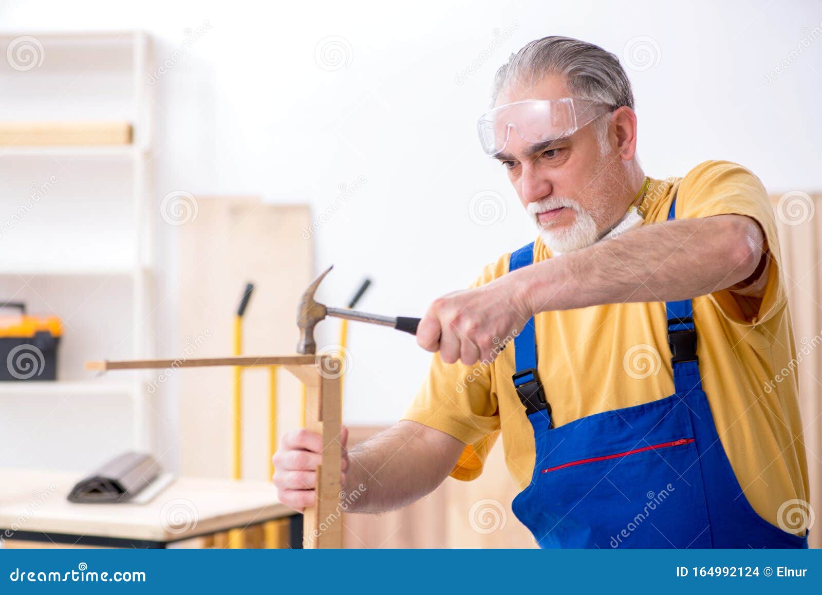 Old Male Carpenter Working in Workshop Stock Photo - Image of board ...