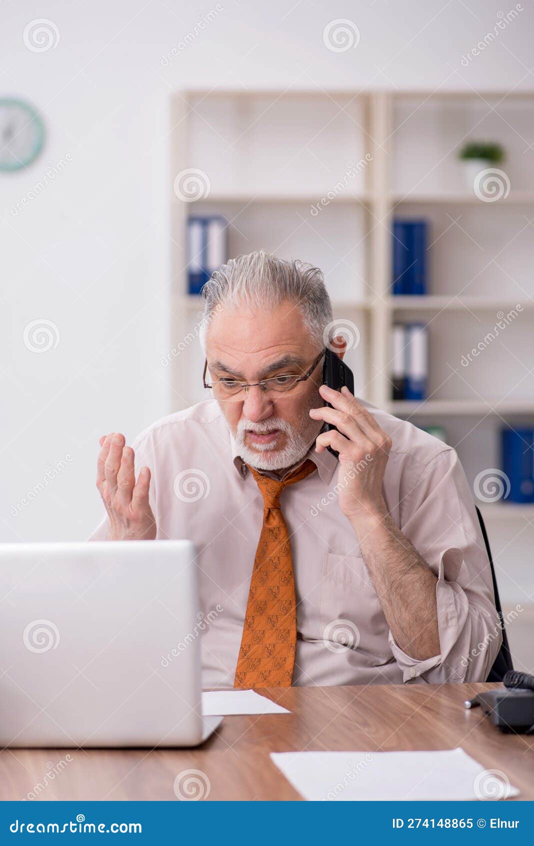 Old Male Employee Speaking by Phone at Workplace Stock Image - Image of ...