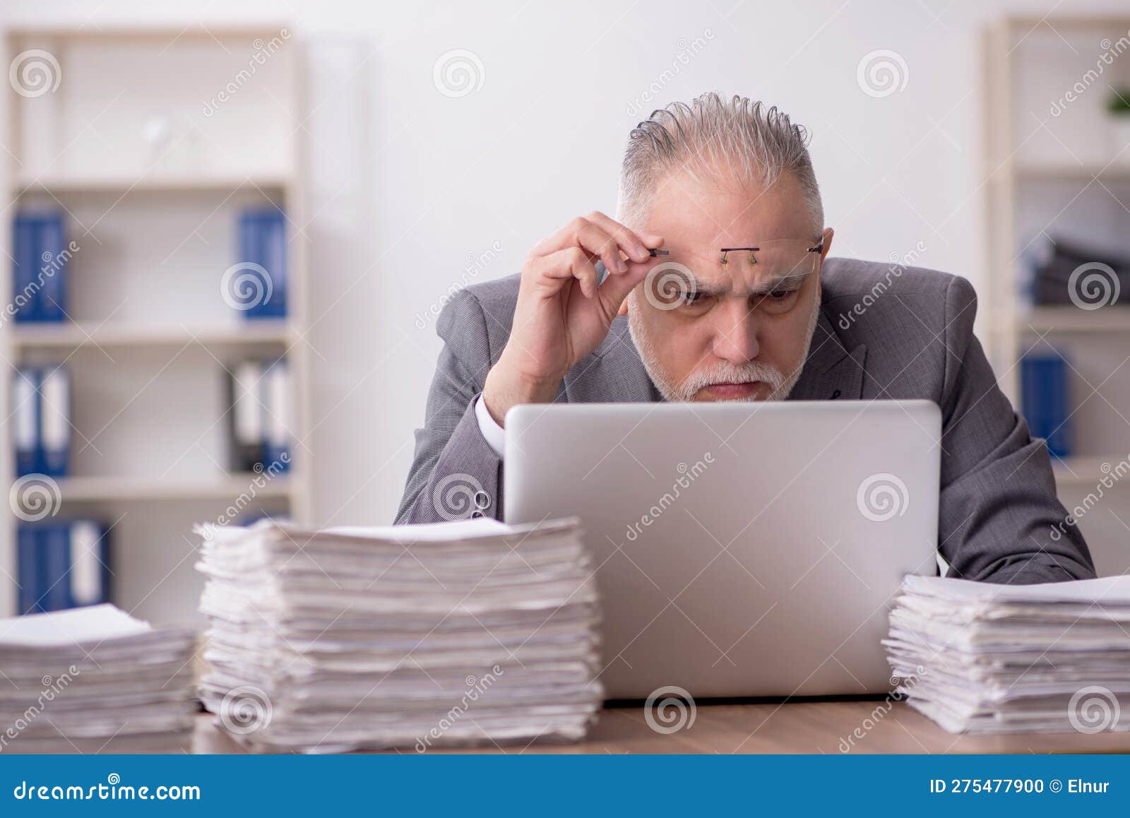 Old Male Employee and Too Much Work at Workplace Stock Photo - Image of ...