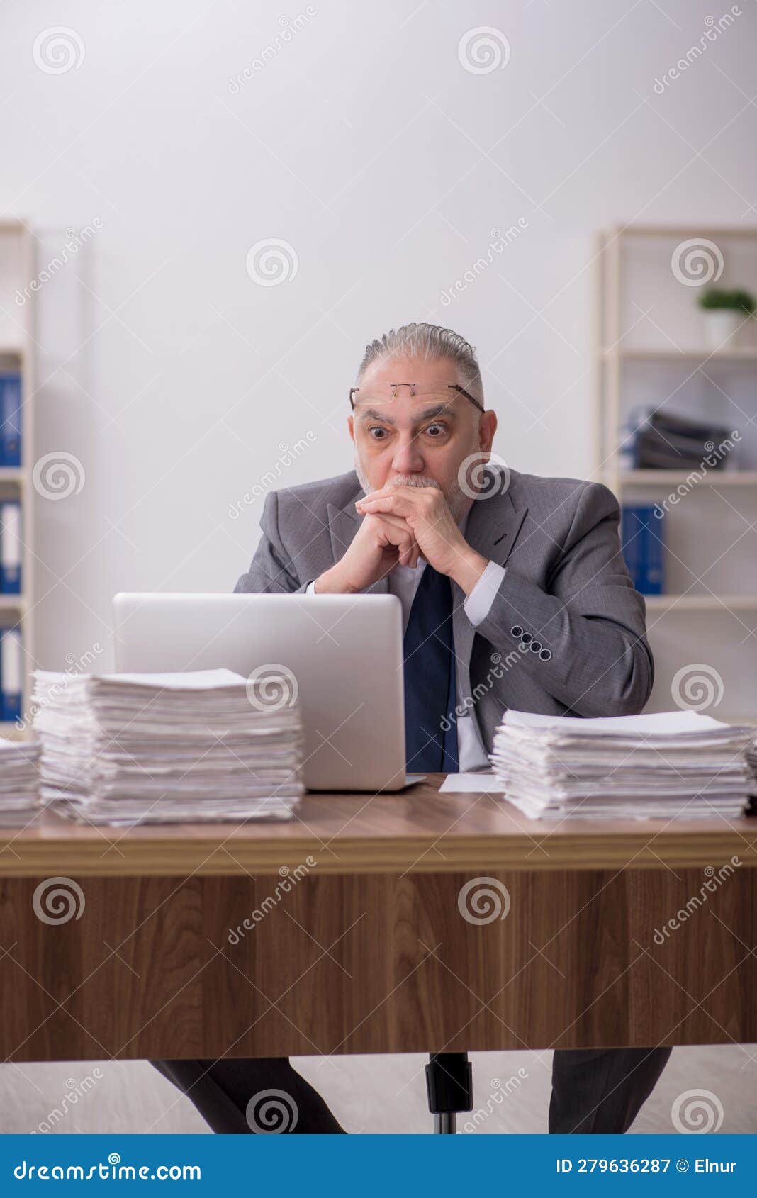 Old Male Employee and Too Much Work at Workplace Stock Image - Image of ...