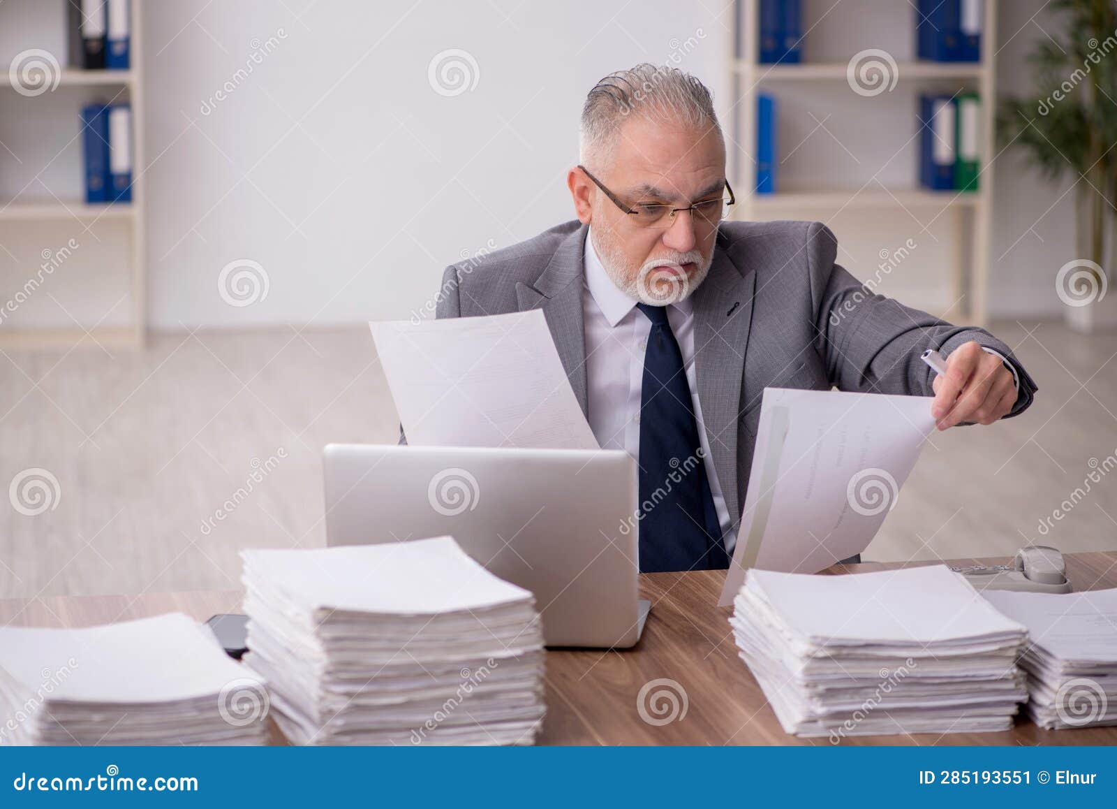 Old Male Employee and Too Much Work at Workplace Stock Image - Image of ...
