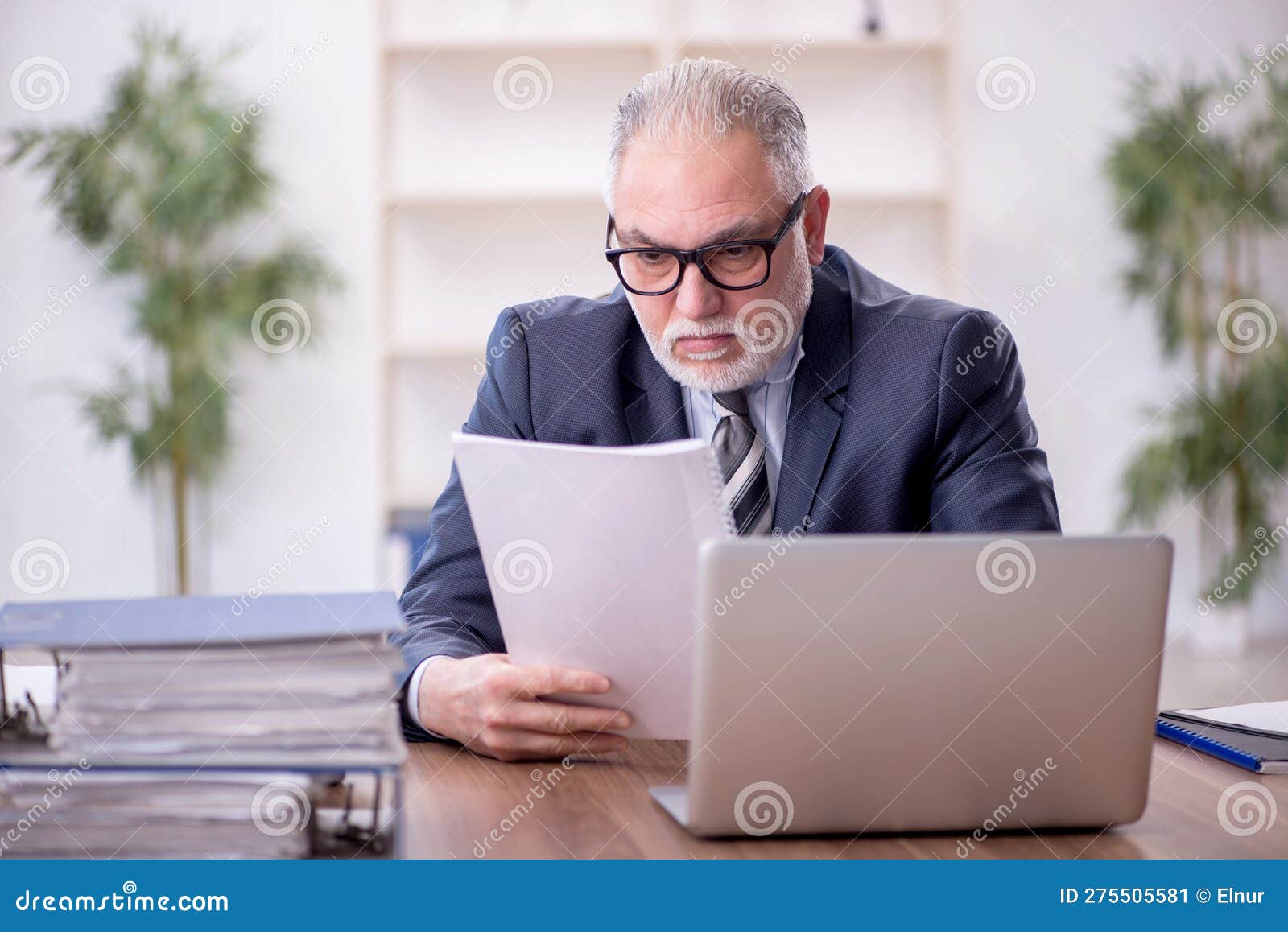 Old Male Employee and Too Much Work at Workplace Stock Image - Image of ...