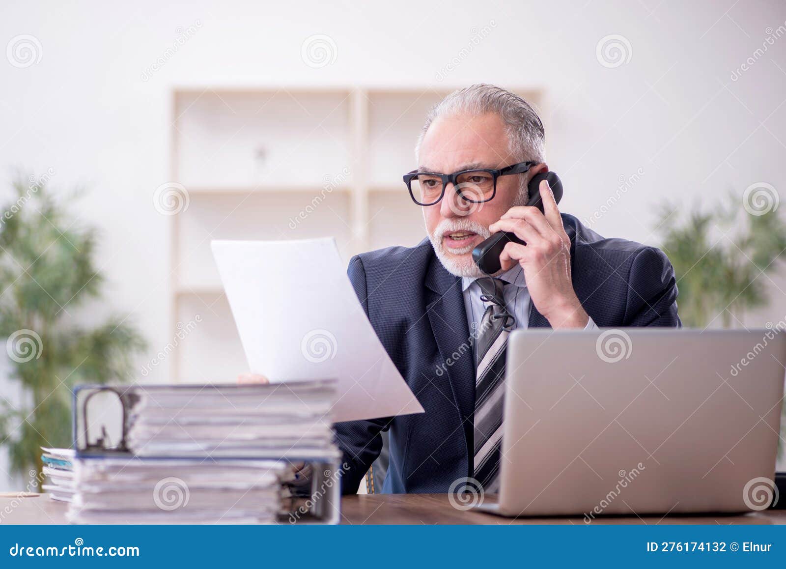 Old Male Employee and Too Much Work at Workplace Stock Photo - Image of ...