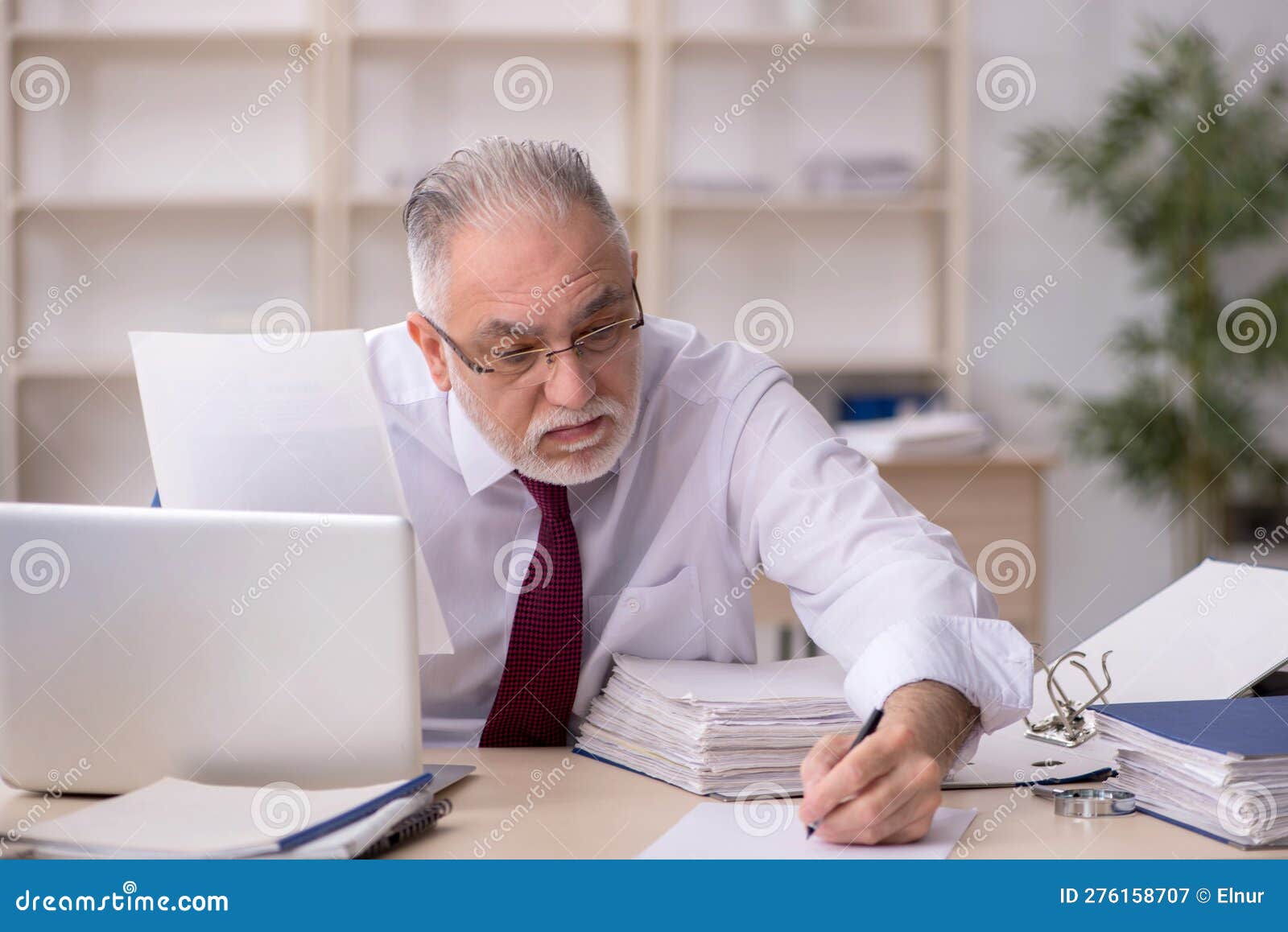 Old Male Employee and Too Much Work at Workplace Stock Image - Image of ...