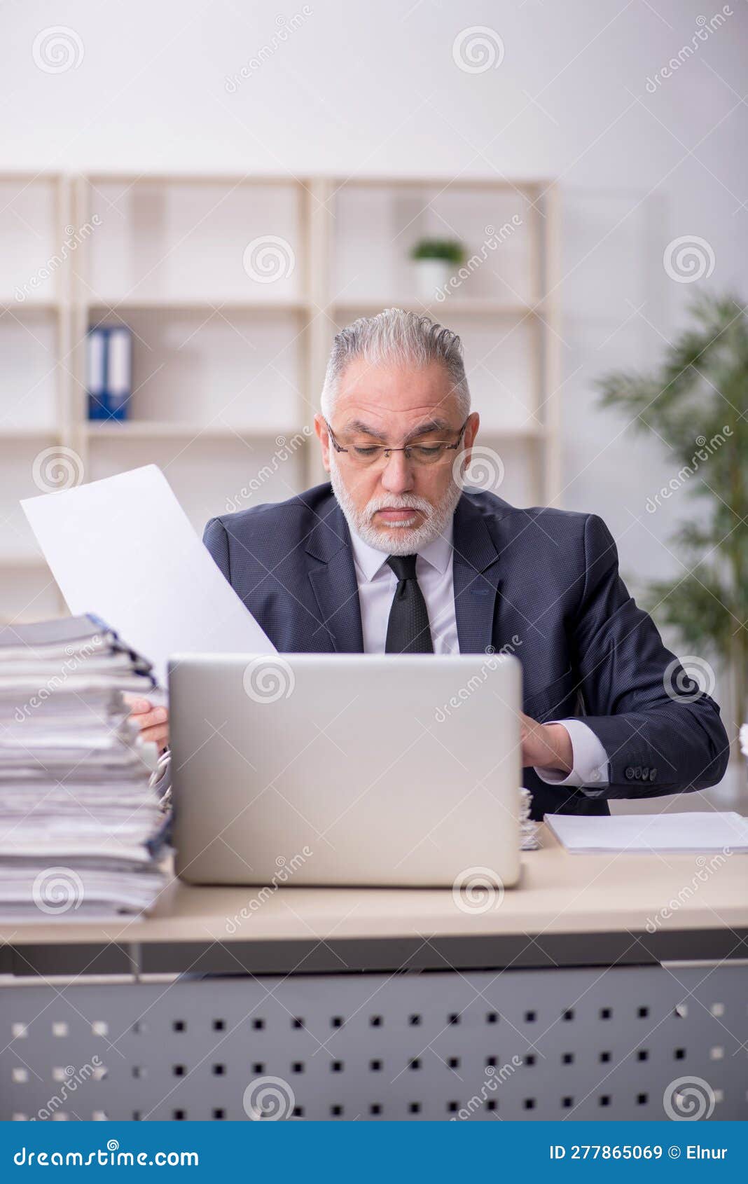 Old Male Employee and Too Much Work at Workplace Stock Image - Image of ...