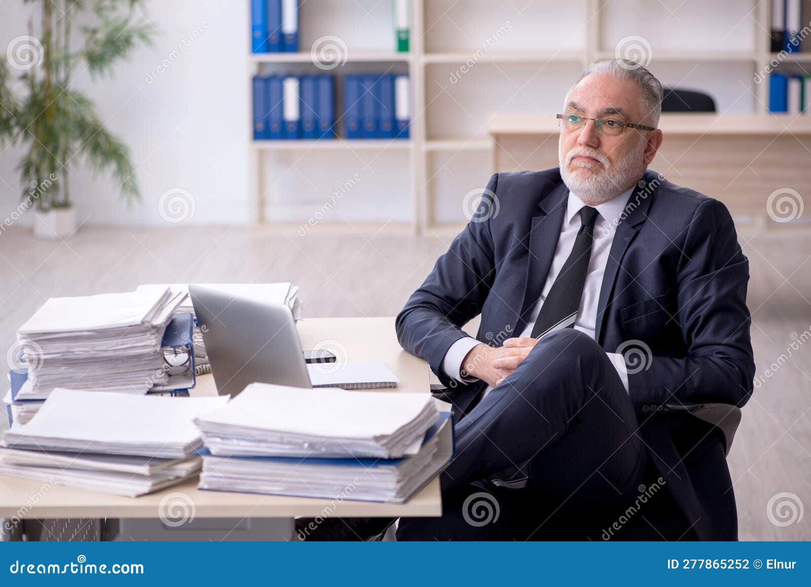 Old Male Employee and Too Much Work at Workplace Stock Photo - Image of ...