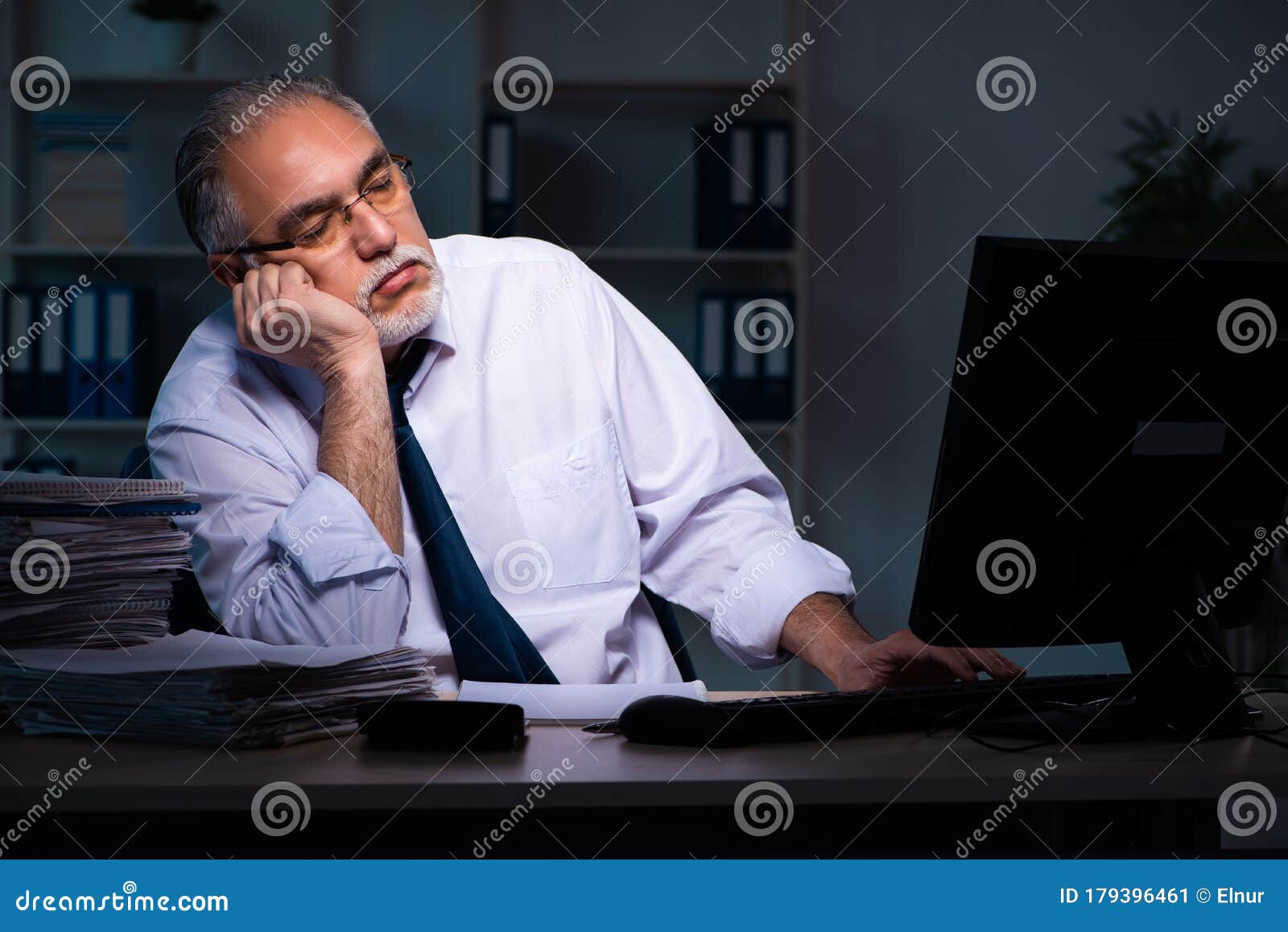 Old Male Employee Working Late in the Office Stock Image - Image of ...